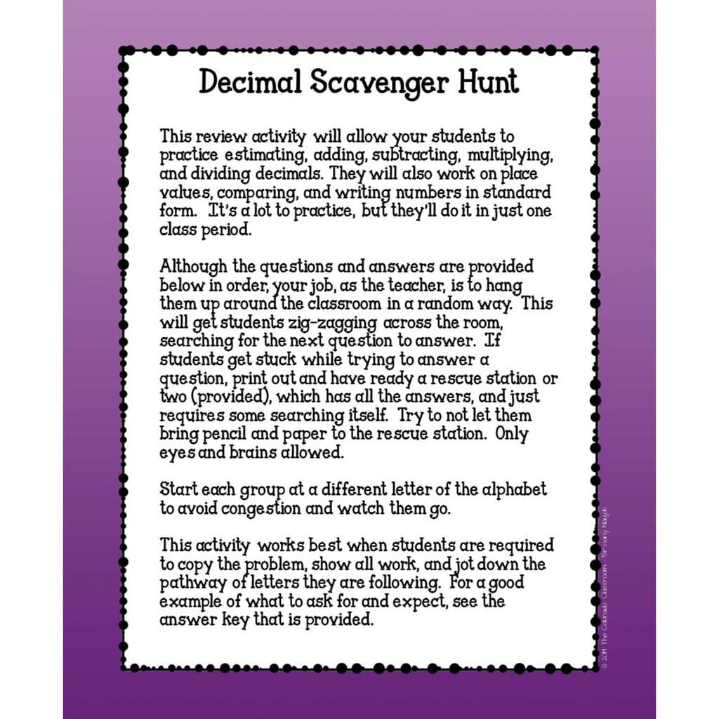 Decimals Scavenger Hunt Math Game The Colorado Classroom