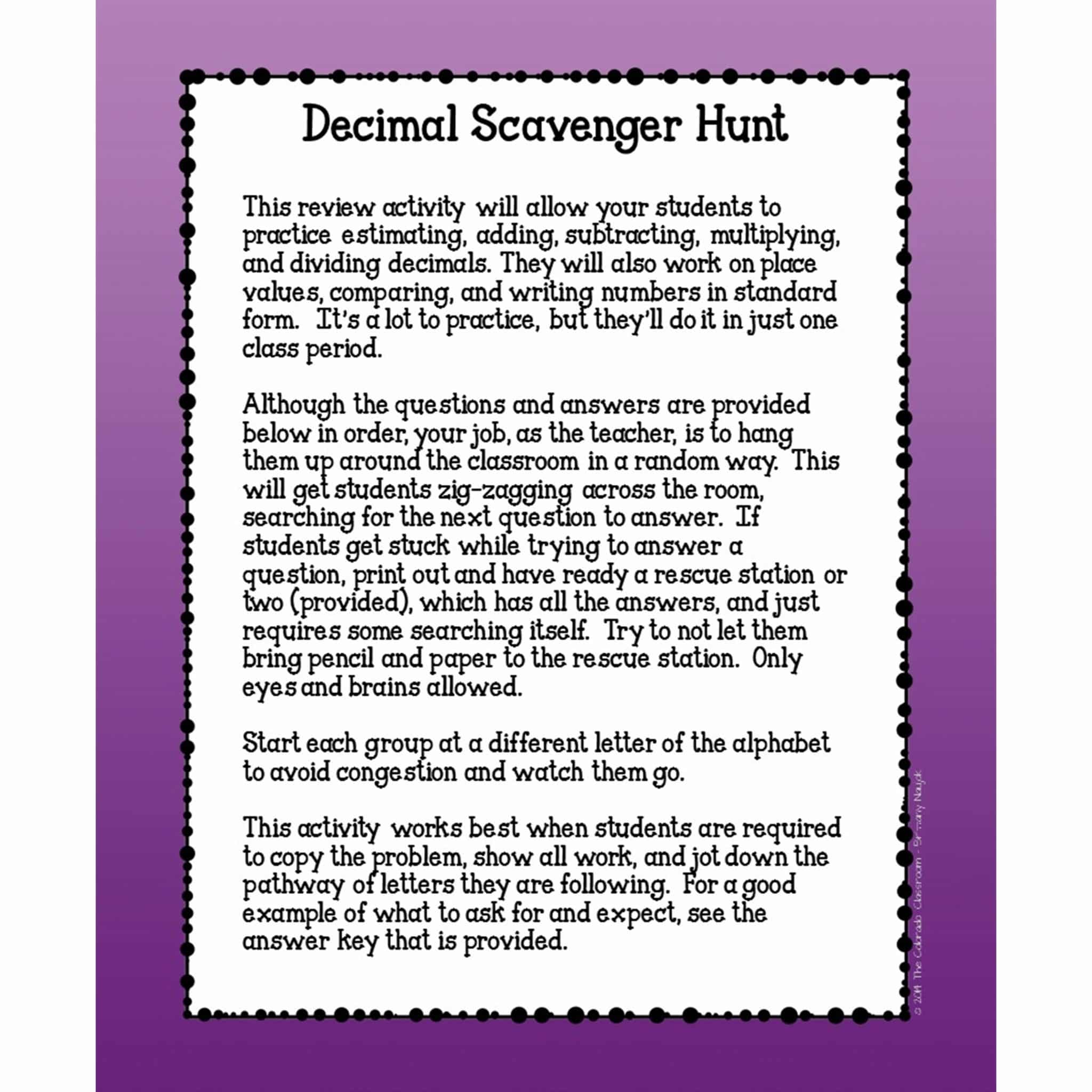 Decimals Scavenger Hunt Math Game - The Colorado Classroom