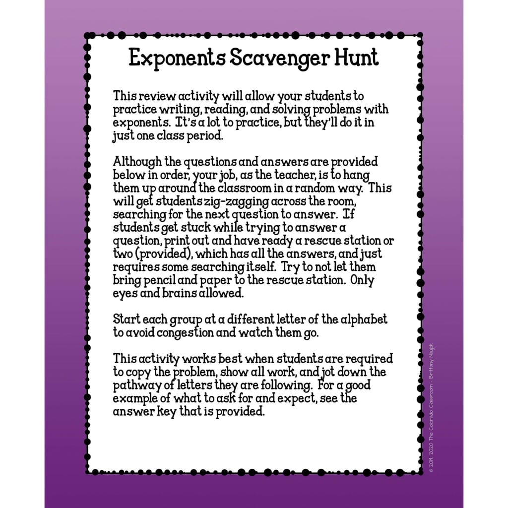 Exponents Scavenger Hunt Math Game - The Colorado Classroom