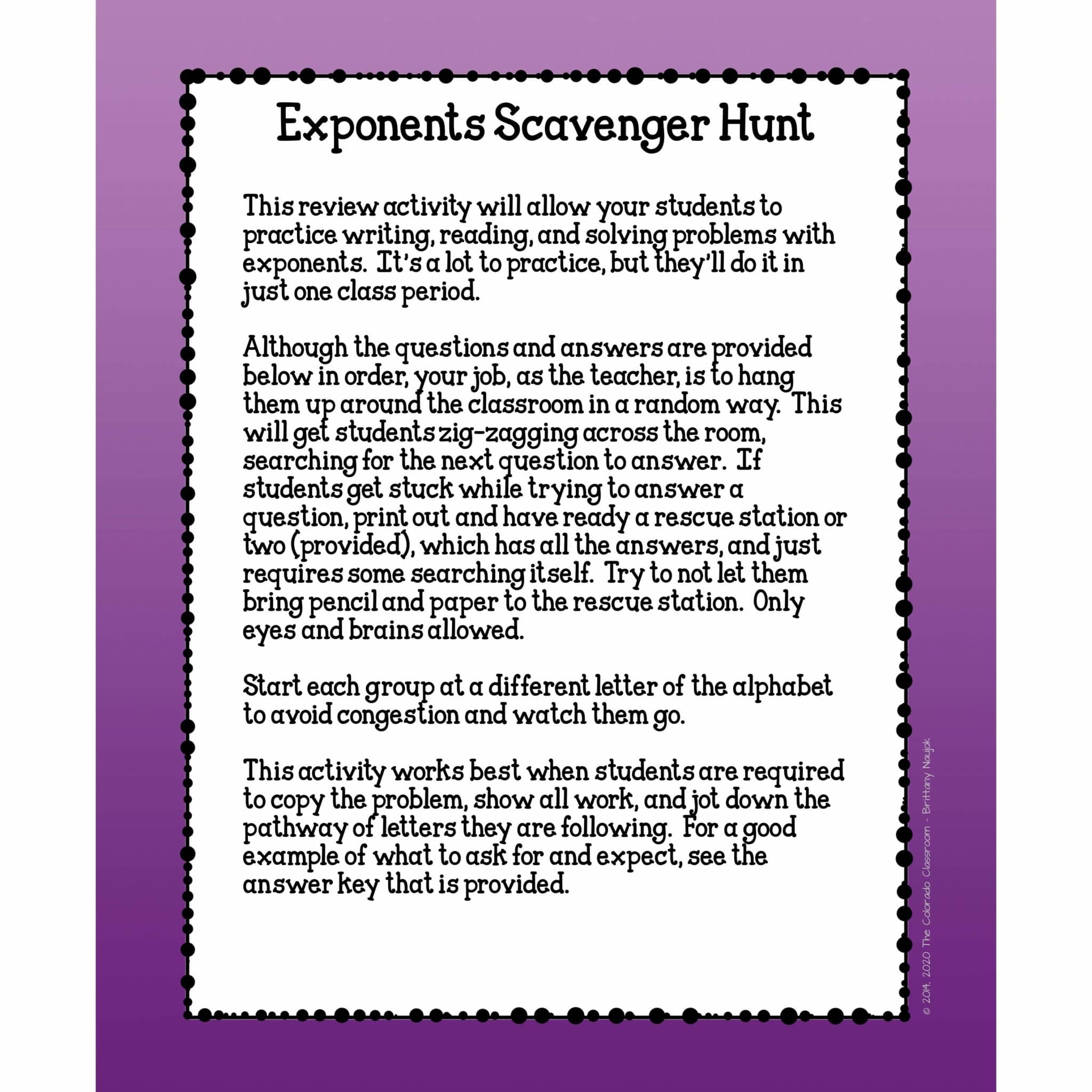Exponents Scavenger Hunt Math Game - The Colorado Classroom