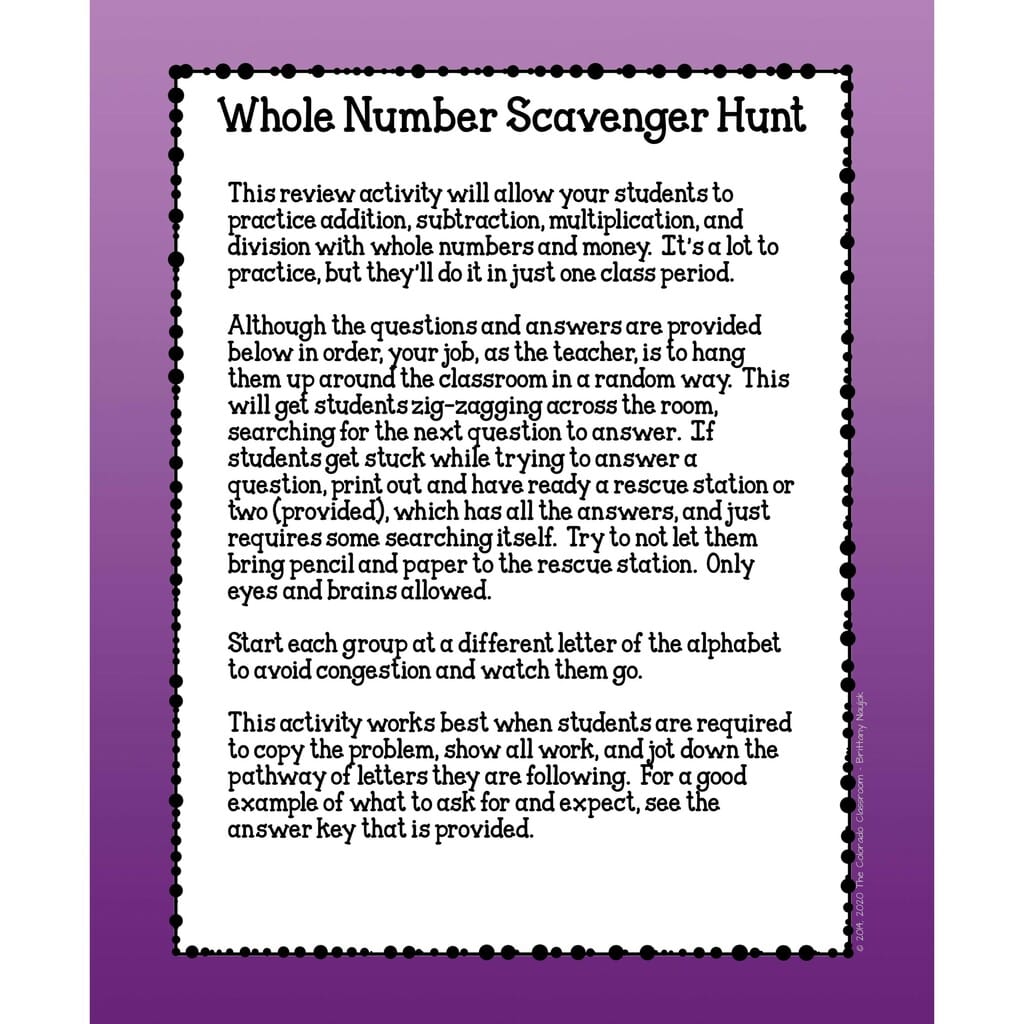 Whole Number Scavenger Hunt Math Game - The Colorado Classroom